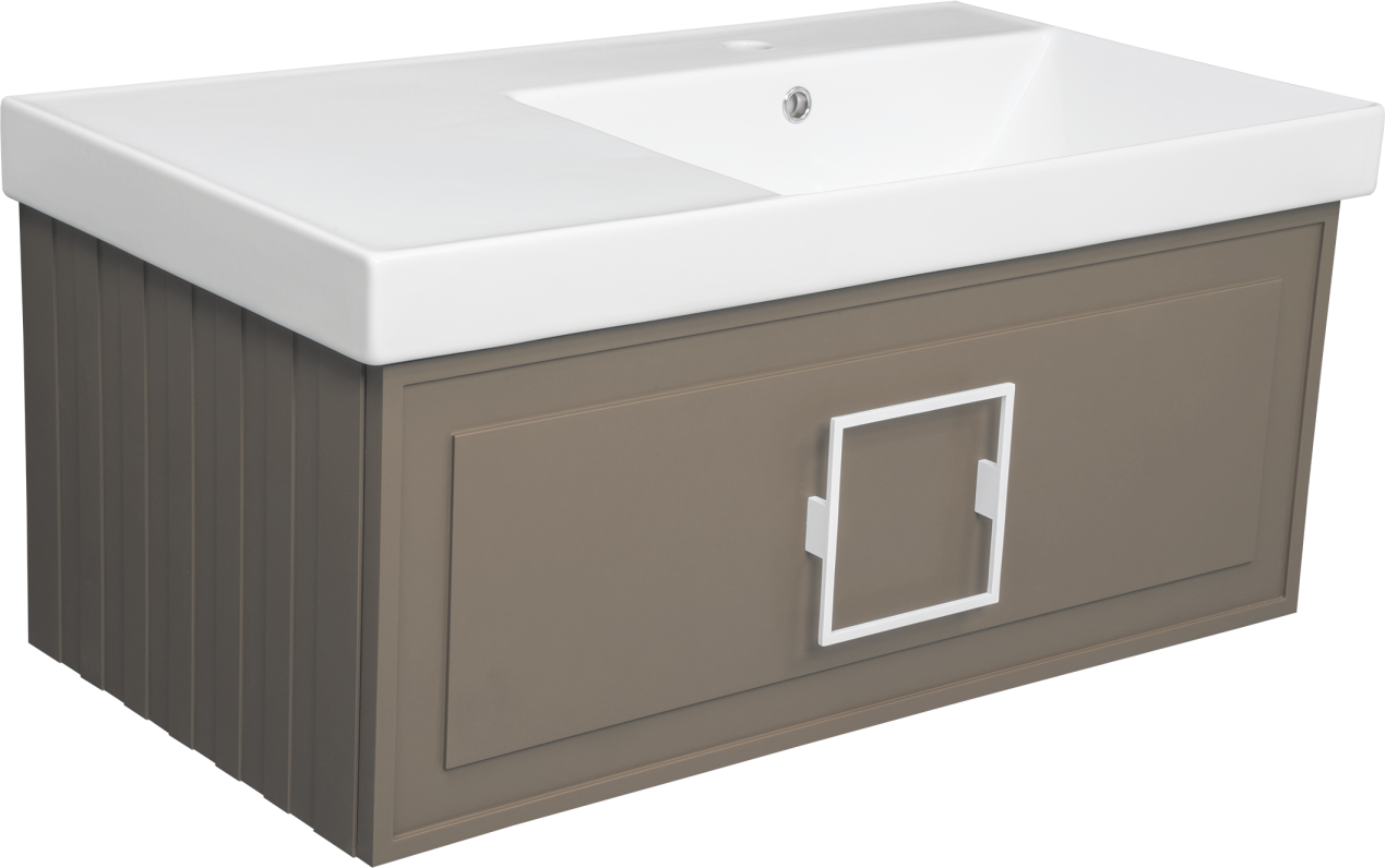 Тумба с раковиной La Fenice Cubo 90 R подвесная, cappuccino, ручка белая, раковина Cubo 90 R
