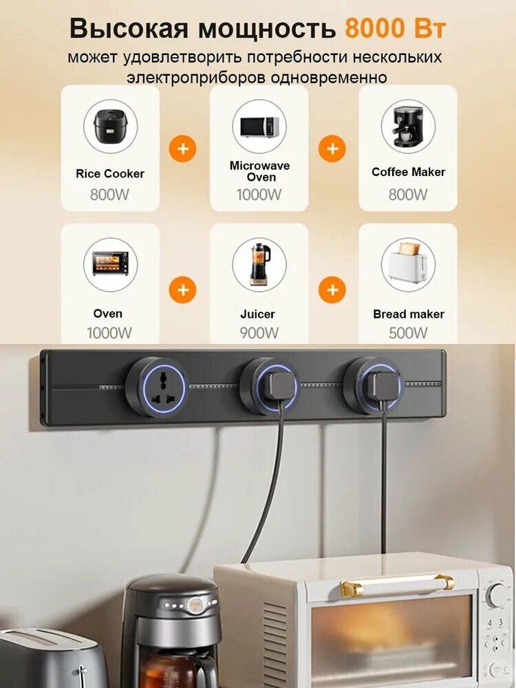 Трековые розетки, накладная металлическая шина 50 см + 3 евро розетки+ 1 USB & Type C, Черный