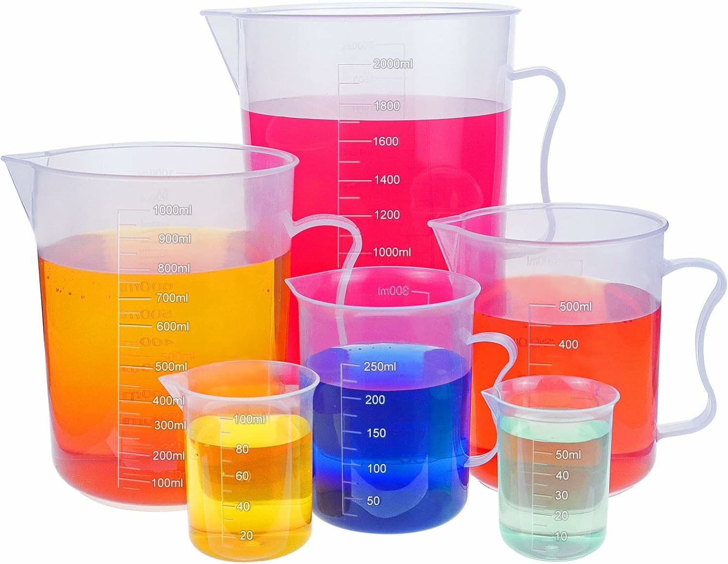 6шт мерный стаканчик с ручкой, набор пластиковых мерных стаканчиков 50/100/250/500/1000/2000 мл