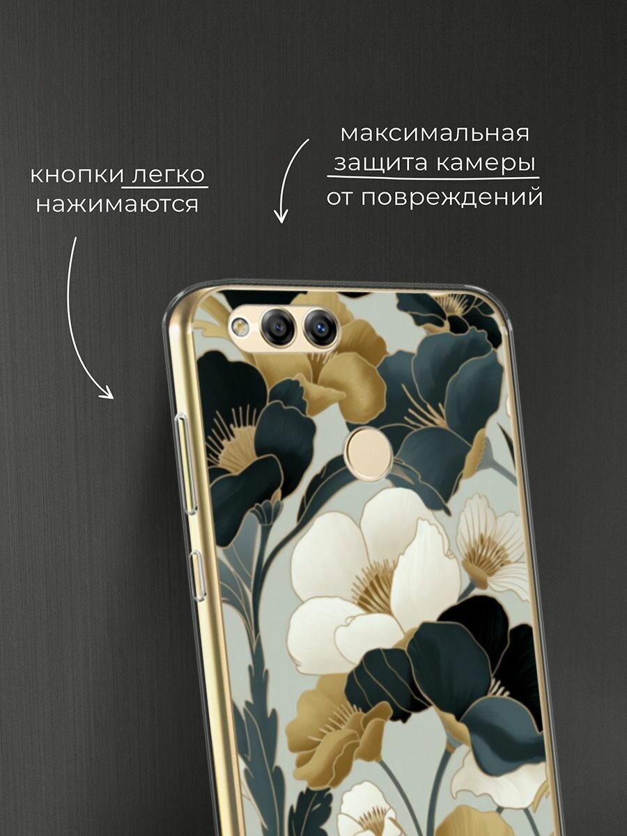 Чехол на Honor 7X / Хонор 7Х с принтом Золотые и белые цветы — фото 1