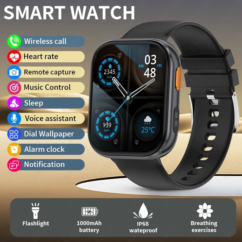 LIGE New 2.04-inch Ultra Smart Watch Men Women 1000mAh High Capacity Battery Outdoor Sports Fitness Health Monitoring Smartwatch