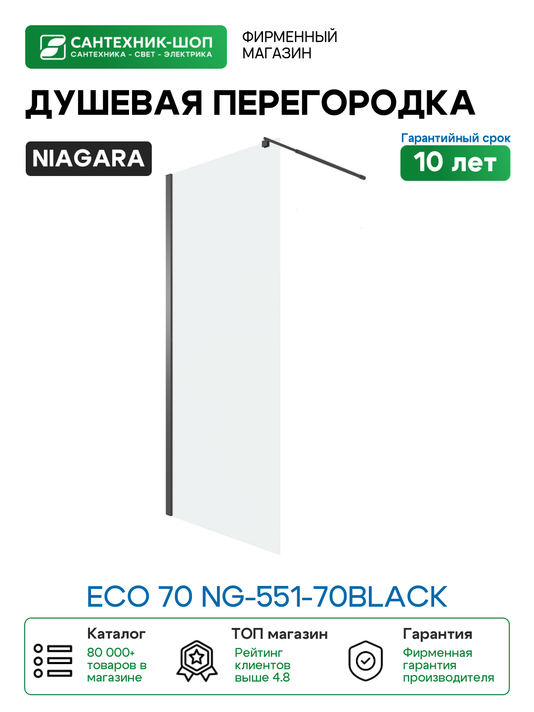 Душевая перегородка Niagara Eco 70 NG-551-70BLACK профиль Черный матовый стекло прозрачное