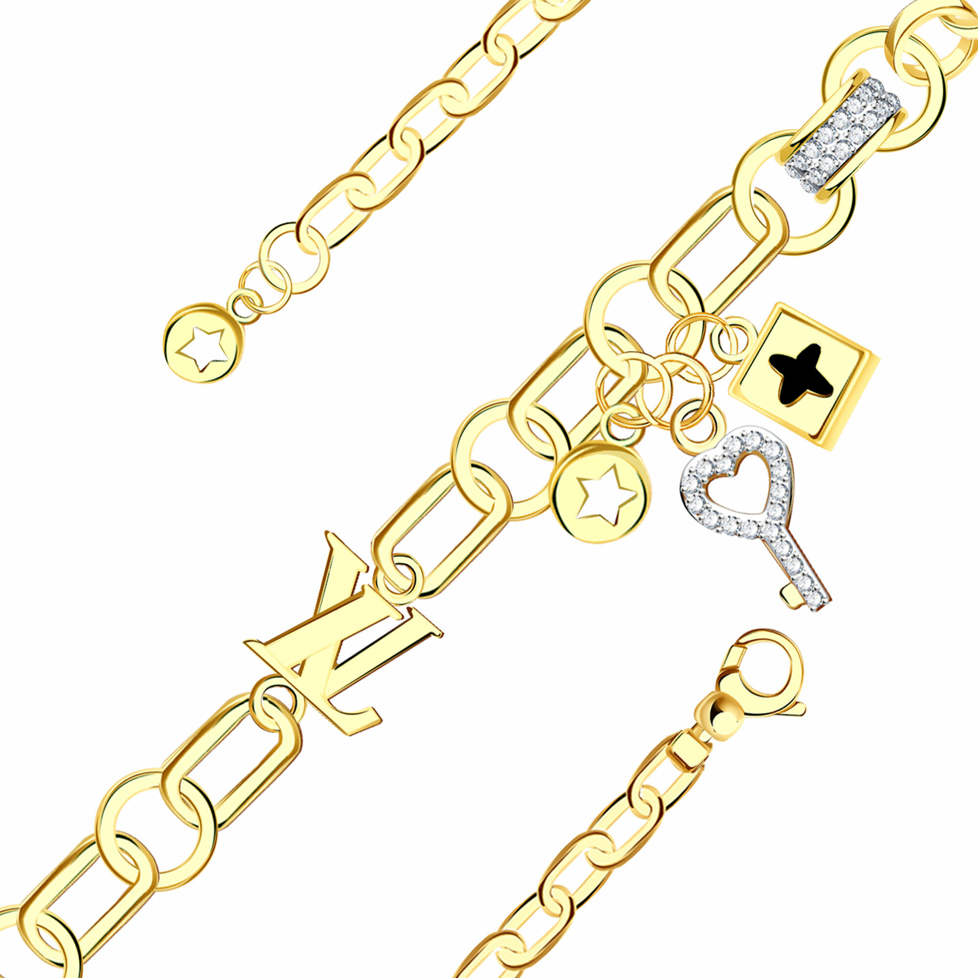 Браслет, серебро, 925 проба, золочение, фианит