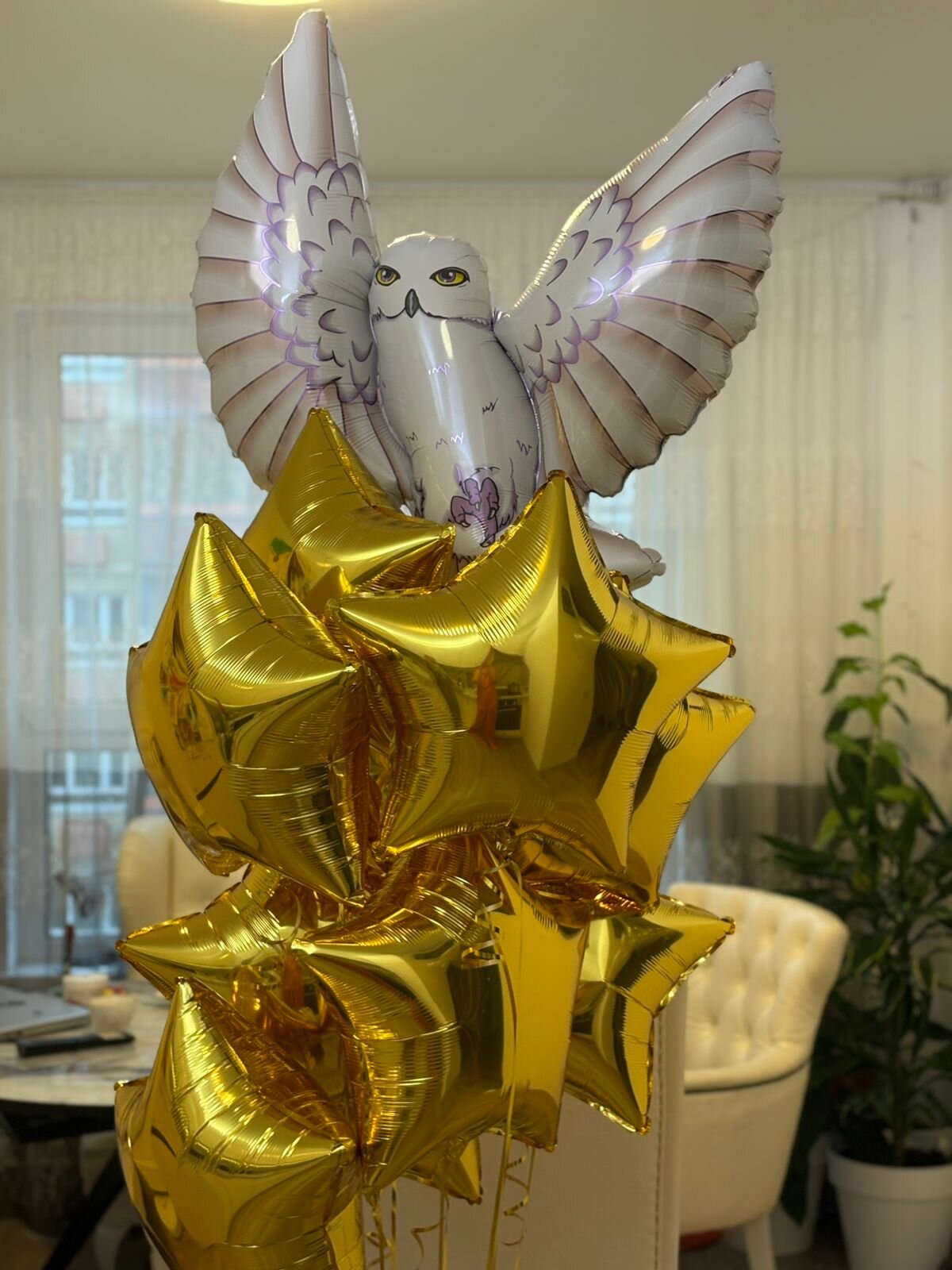 Шары с гелием 8 штук "Золотые звезды и сова". Воздушные шарики. Набор шаров под потолок, 8 штук с быстрой доставкой