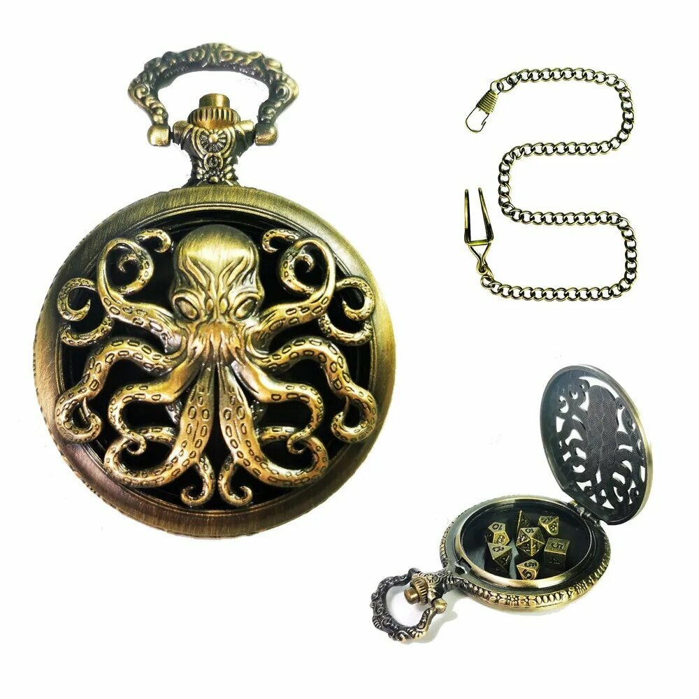 Мини-набор кубиков днд в часах - 7 шт. Дайсы для Dungeons & Dragons из цинкового сплава. Кости игральные DnD в черном корпусе карманных часов. Кубики dnd миниатюрные