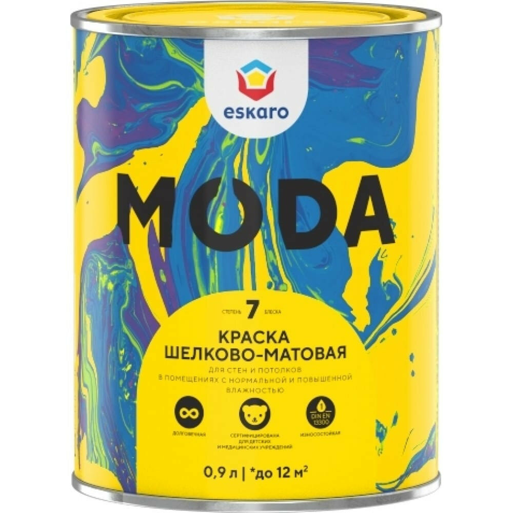 Краска ESKARO Moda 7 для потолков и стен, моющаяся, шелково-матовая, База А (белая) 0,9л