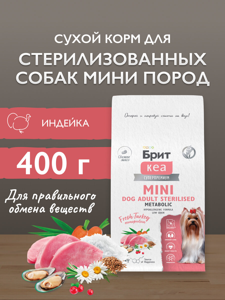 Сухой корм BRIT CARE Mini для стерилизованных собак мелких пород, гипоаллергенный с индейкой 400 г