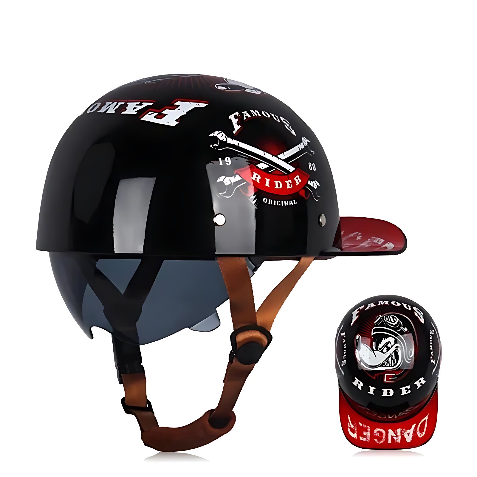 Мотошлем, кепка, с визором, открытый, размер M, черный с красным козырьком