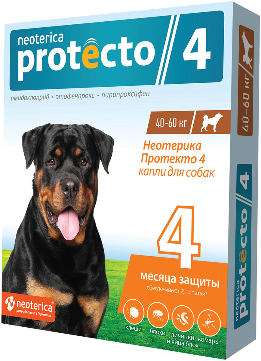 Капли PROTECTO для собак весом от 40 до 60 кг против клещей и блох уп. 2 шт (1 уп)