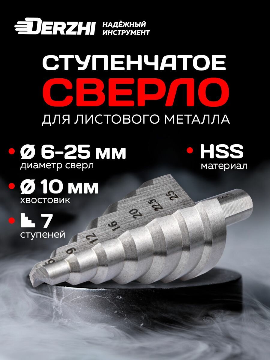 Сверло по металлу ступенчатое с трехгранным хвостовиком 6-25 мм 7 ступеней DERZHI для листового металла
