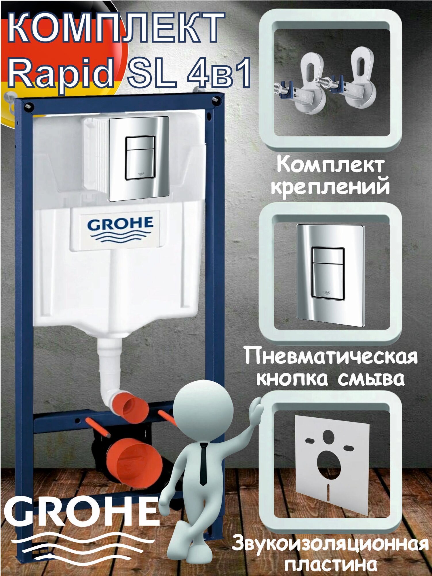 Инсталляция для унитаза GROHE Rapid SL комплект 4в1, кнопка смыва Глянцевый Хром