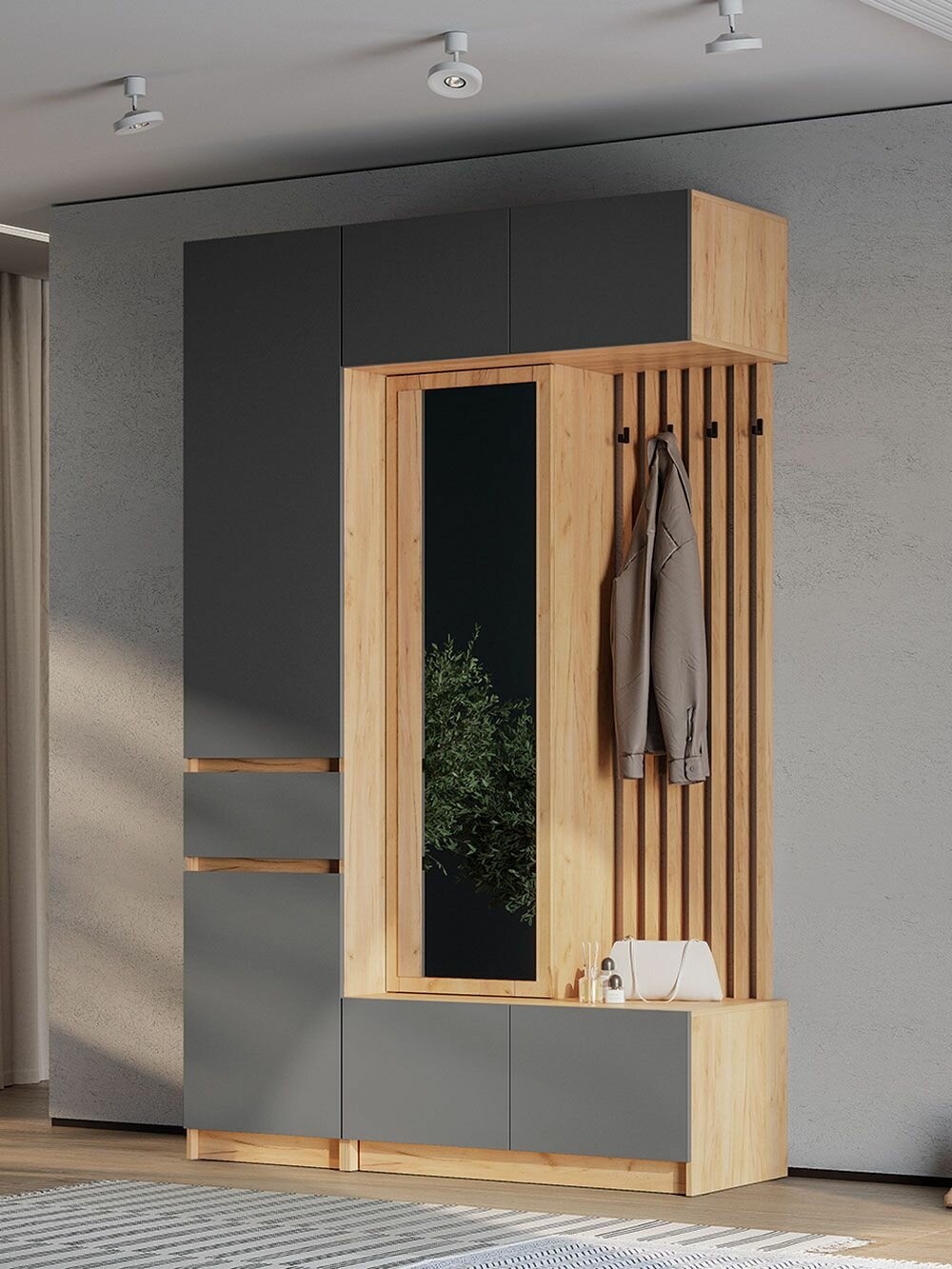 Прихожая комплект Багира Лайт с вешалкой, с обувницей, с зеркалом, со шкафом, 150.4х51х238.4 см, Крафт / Графит