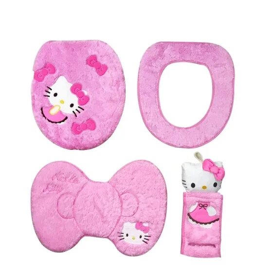 Набор из трех предметов: чехол на сиденье унитаза Sanrio Hello Kitty, универсальный, для зимы, плюшевый, для дома, подарок