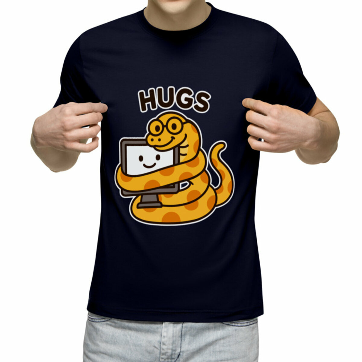 Мужская футболка «Python, питон обнимает компьютер» (темно-синий, L)