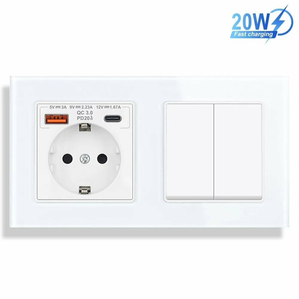 Выключатель с розеткой с USB и type-C, быстрая зарядка 20W,2 клавиши 1 розетка ,2 поста рамка стекло 153х82мм цвет белый.