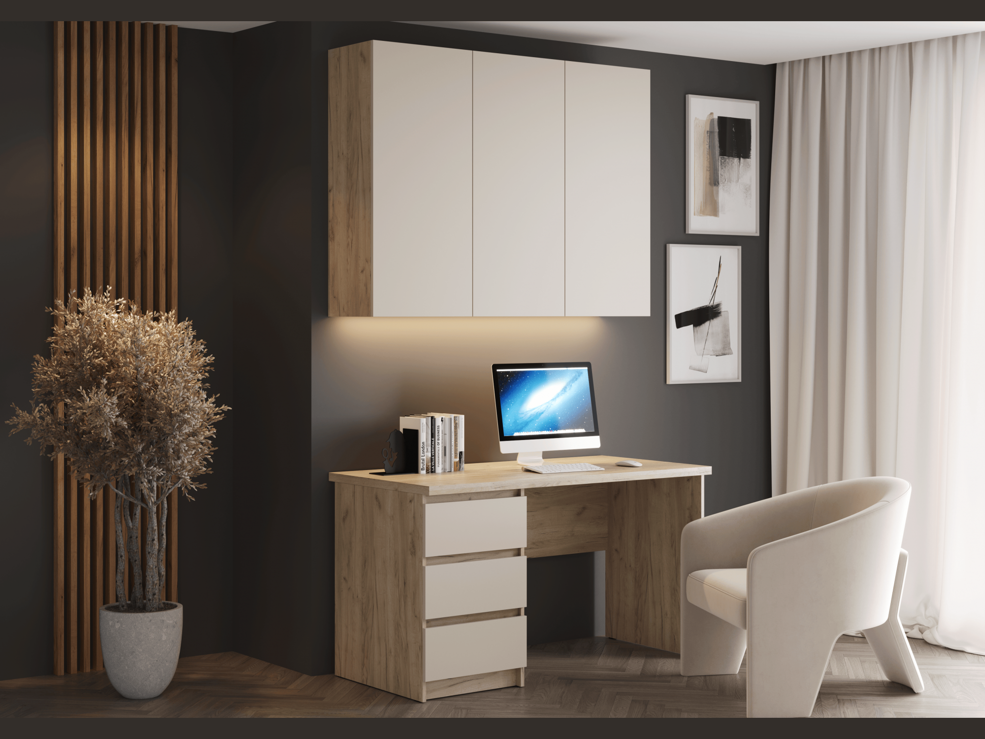 Кабинет для школьника, из ЛДСП, стол и навесной шкаф, крафт серый/кашемир