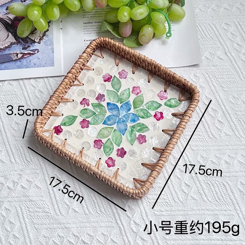 Вьетнамская плетеная тарелка из ротанга с цветными ракушками, скандинавский креативный ручной работы, декоративная тарелка для фруктов, поднос для хранения украшений, поднос для чая, квадратная тарелка