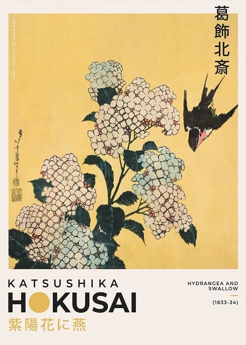Печать на холсте "Гортензия и ласточка" Hokusai, 30x45см, цвет 2