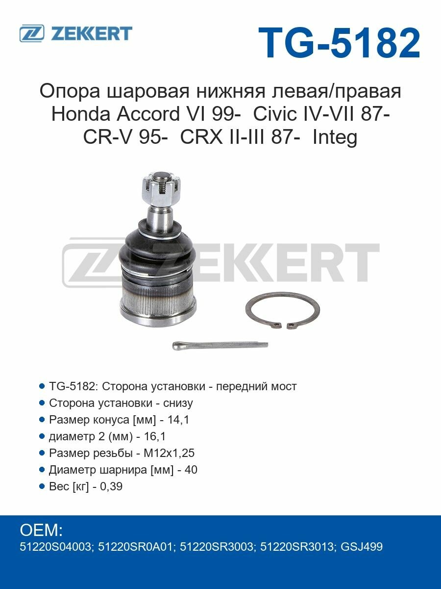 Zekkert Опора шаровая нижняя левая/правая Honda Accord VI с 1999 года Civic IV-VII 87- CR-V с 1995 года CRX II-III 87- Integ