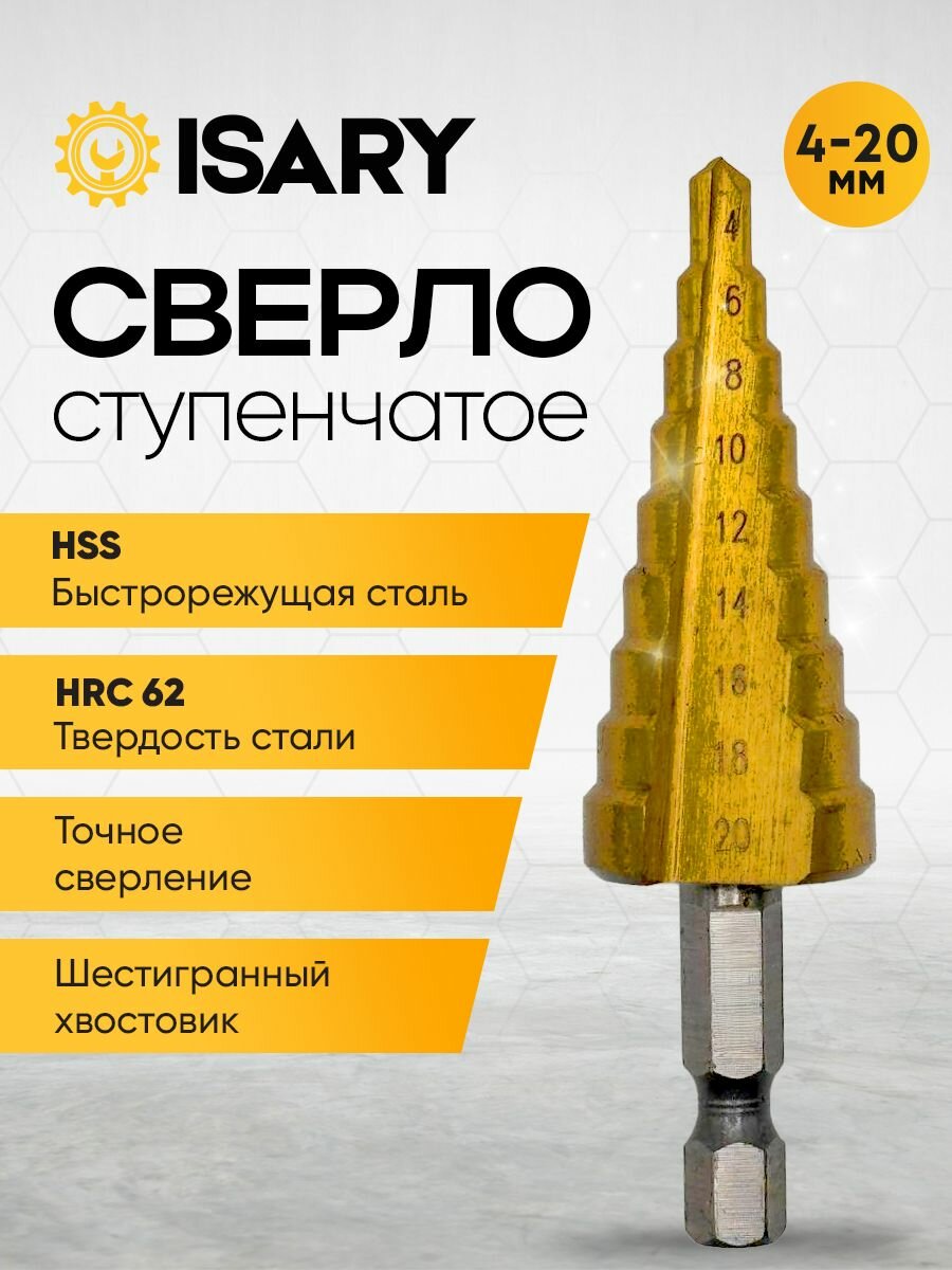 Ступенчатое сверло 4-20 мм по металлу, конусное, HSS для дрели, шуруповерта
