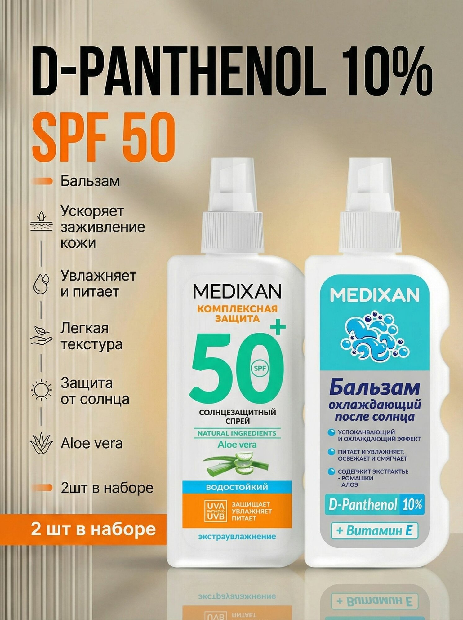 MEDIXAN Солнцезащитный Спрей SPF 50+ Пантенол 10% Бальзам охлаждающий 150мл +150мл