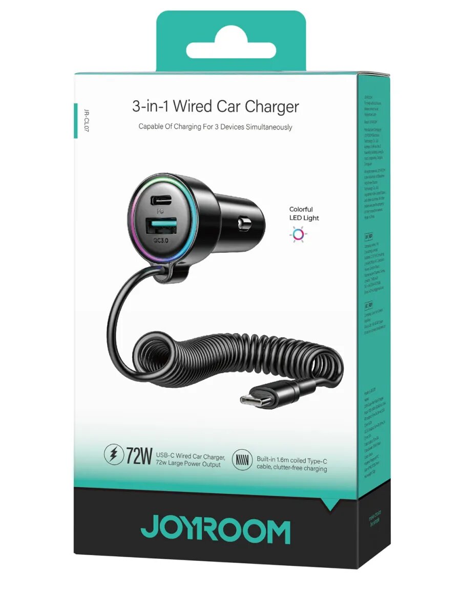 Автомобильное зарядное устройство в прикуриватель Joyroom JR-CL07, 72 Вт, с кабелем