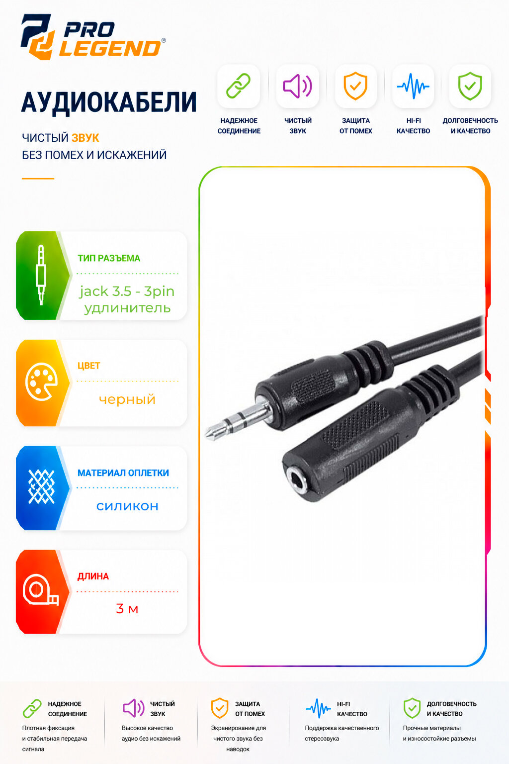 Кабель Jack 3.5 mm вилка - Jack 3.5 розетка, удлинитель, стерео-аудио, 3 м.