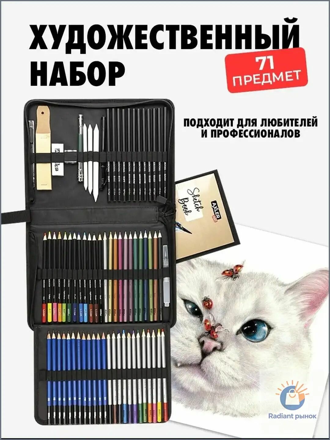 Набор простых и цветных карандашей (акварельные угольные металлик) для рисования и скетчинга художникам, мягкие твердые, скетчбук и профессиональные художественные предметы в пенале, 71 шт, AXLER Art набор для рисования набор карандашей 71