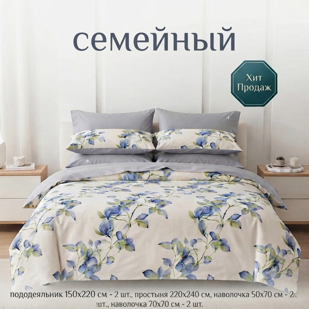 Постельное белье семейное сатин Янк-Текс Маркет бежевое с цветами, простыня 220х240, 4 наволочки
