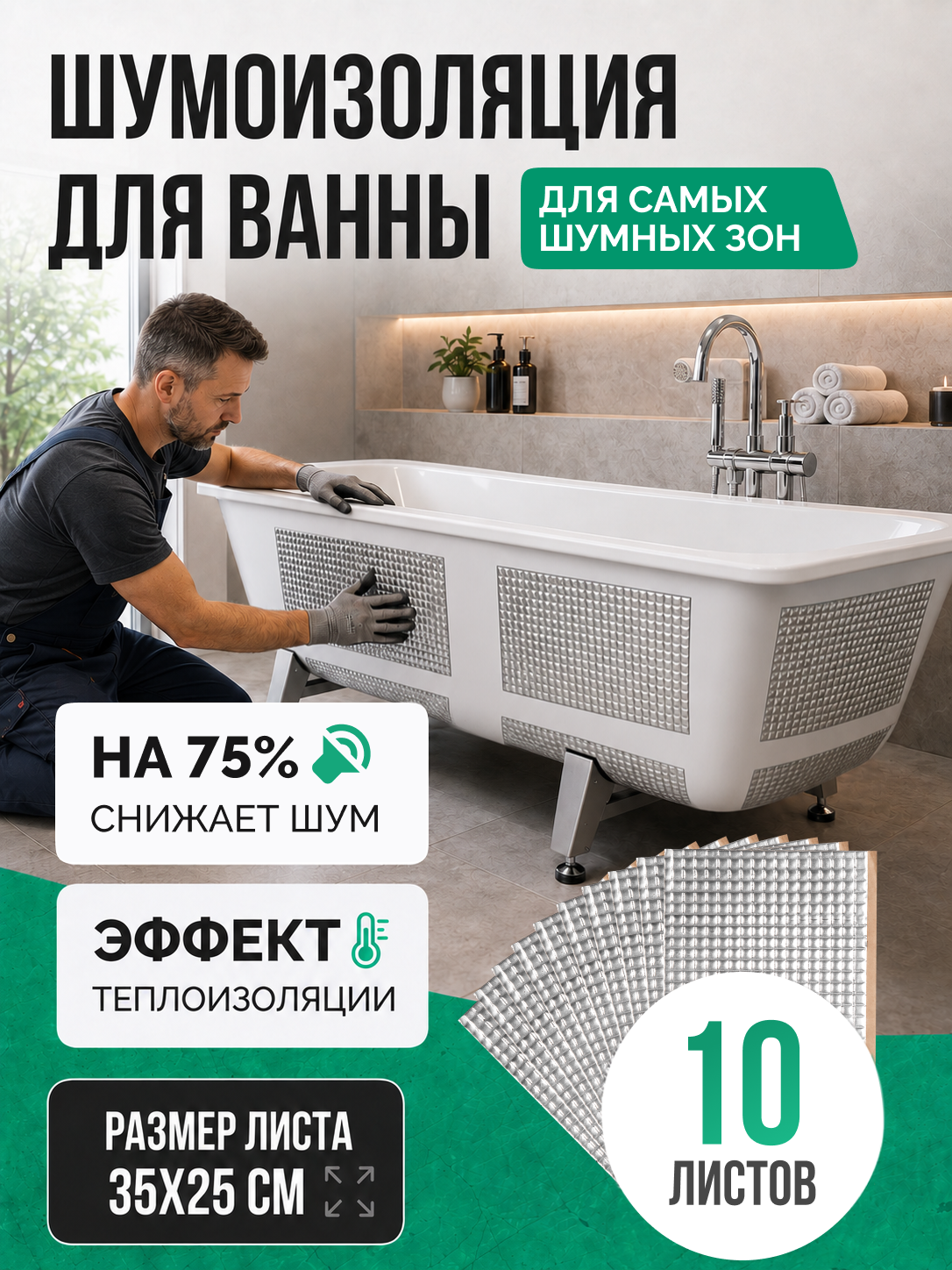 Звукоизоляция для ванны SGM ECO 10 листов. Шумозоляция канализационных труб, воздуховодов вентиляции, для ванной и кухни