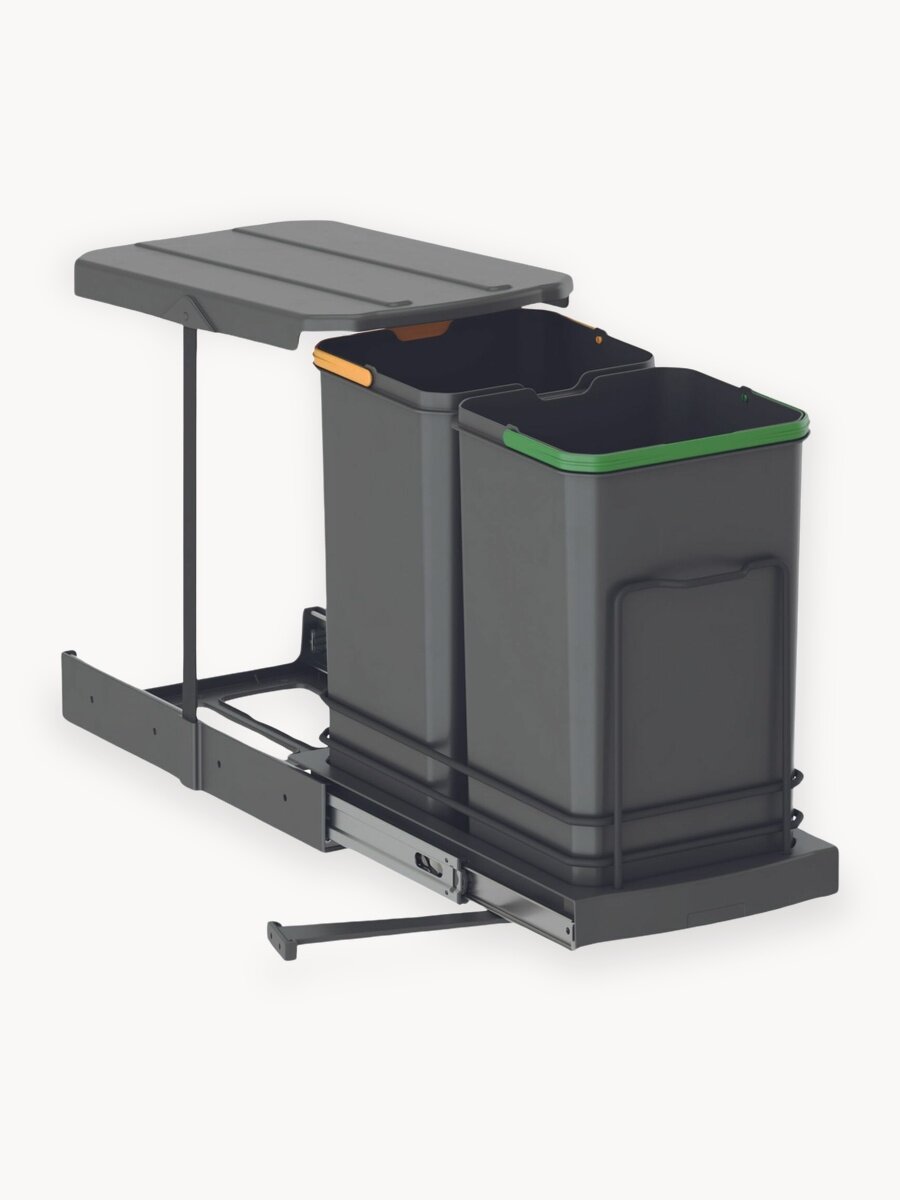 Мусорное ведро Starax S-2392-A выдвижное, автоматическое открывание крышки, 2 ведра 12+12 литров, в базу 400 мм, антрацит