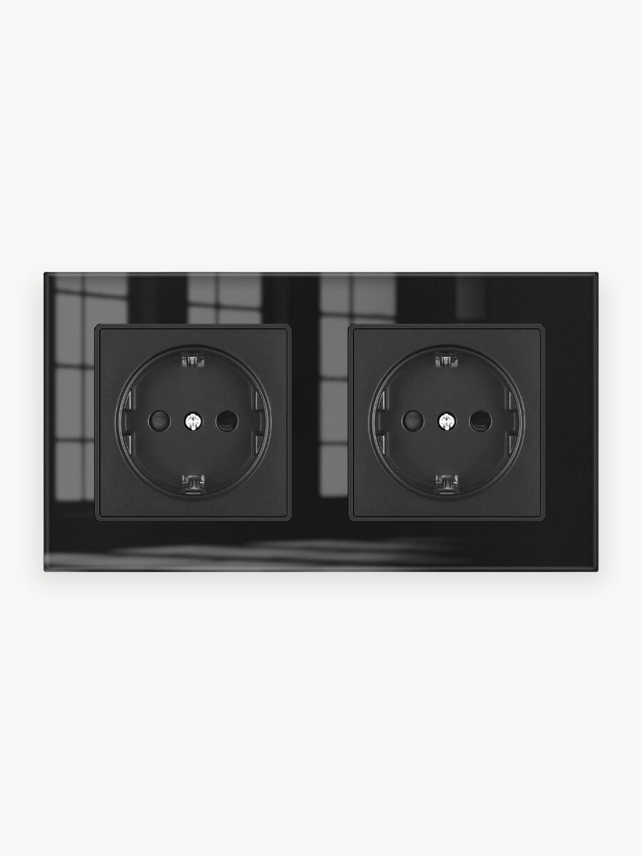 Розетка двойная 2 поста 16А 250В, со шторками, рамка закаленное стекло, чёрный