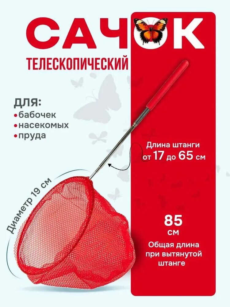 Сачок детский 37-85см раздвижной для ловли бабочек или рыбок, для насекомых, телескопический, сачок для бассейна