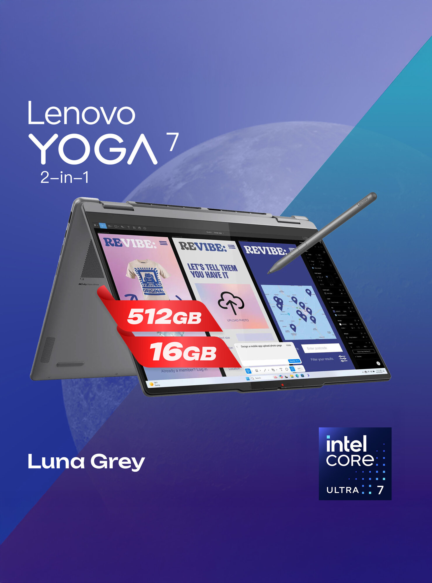 Ноутбук-трансформер Lenovo Yoga 7 2-in-1 14ILL10 83JQ007YRK Luna Grey, 14" WUXGA OLED 60Hz Touch + Lenovo Yoga Pen, Intel Core Ultra 7 256V, Intel Arc 140V, 16 GB LPDDR5x-8533, SSD 512GB G4, WINDOWS 11 PRO, клавиатура RU/US, гарантия 1 год