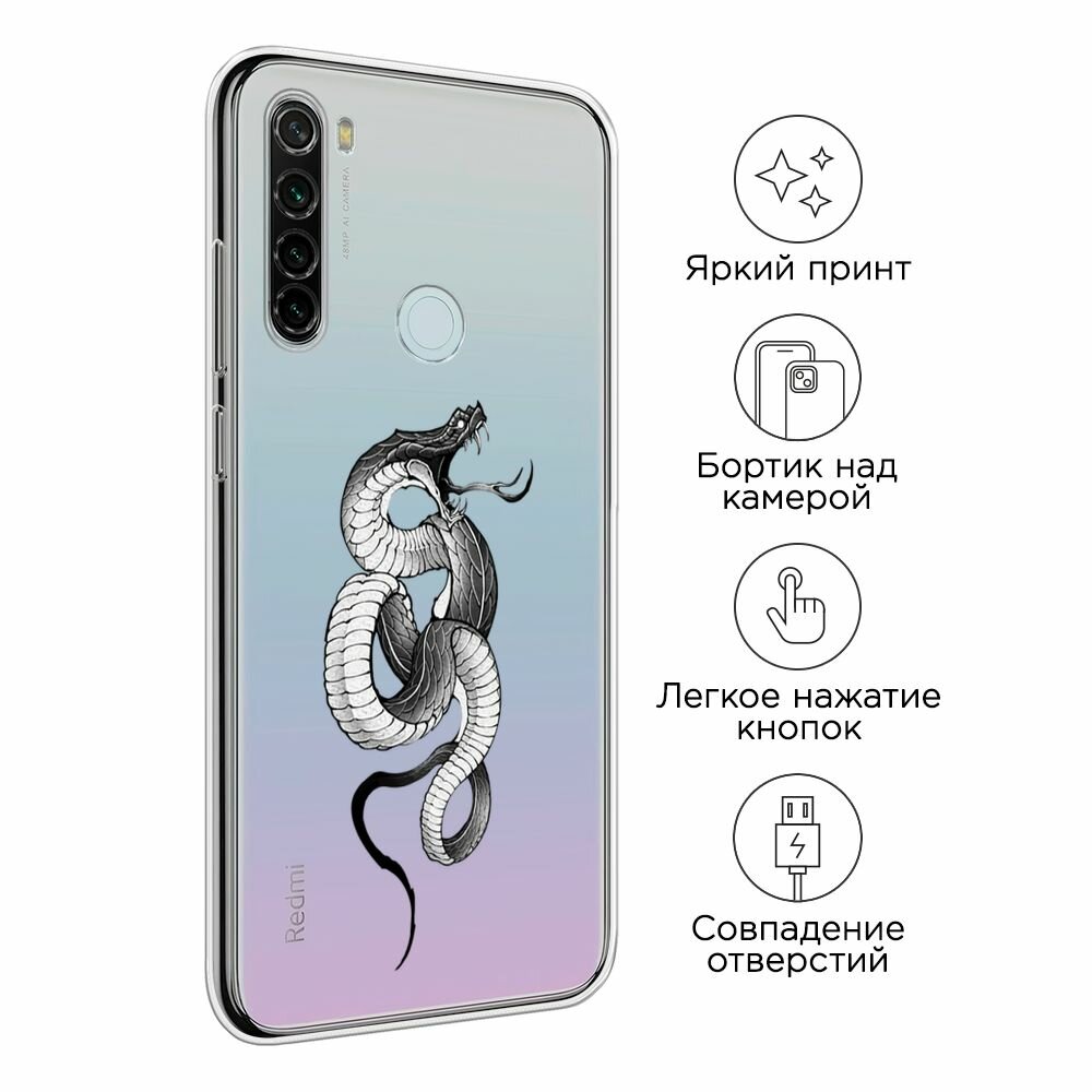 Чехол на Xiaomi Redmi Note 8T / Сяоми Редми Нот 8Т с принтом Монохромная змея рисунок, прозрачный — фото 1