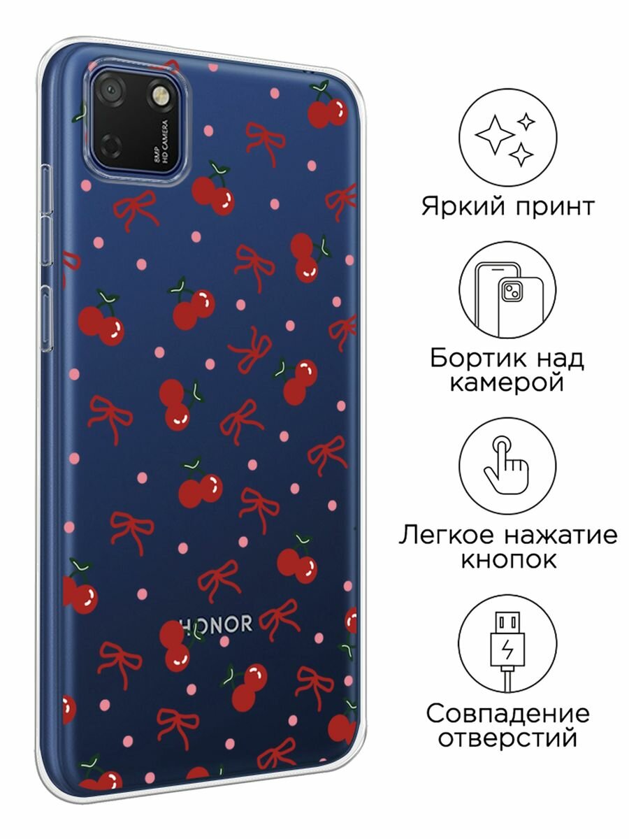 Чехол на Honor 9S/Huawei Y5p / Хонор 9S/Хуавей Y5p с принтом "Вишни и ленточки", прозрачный — фото 1