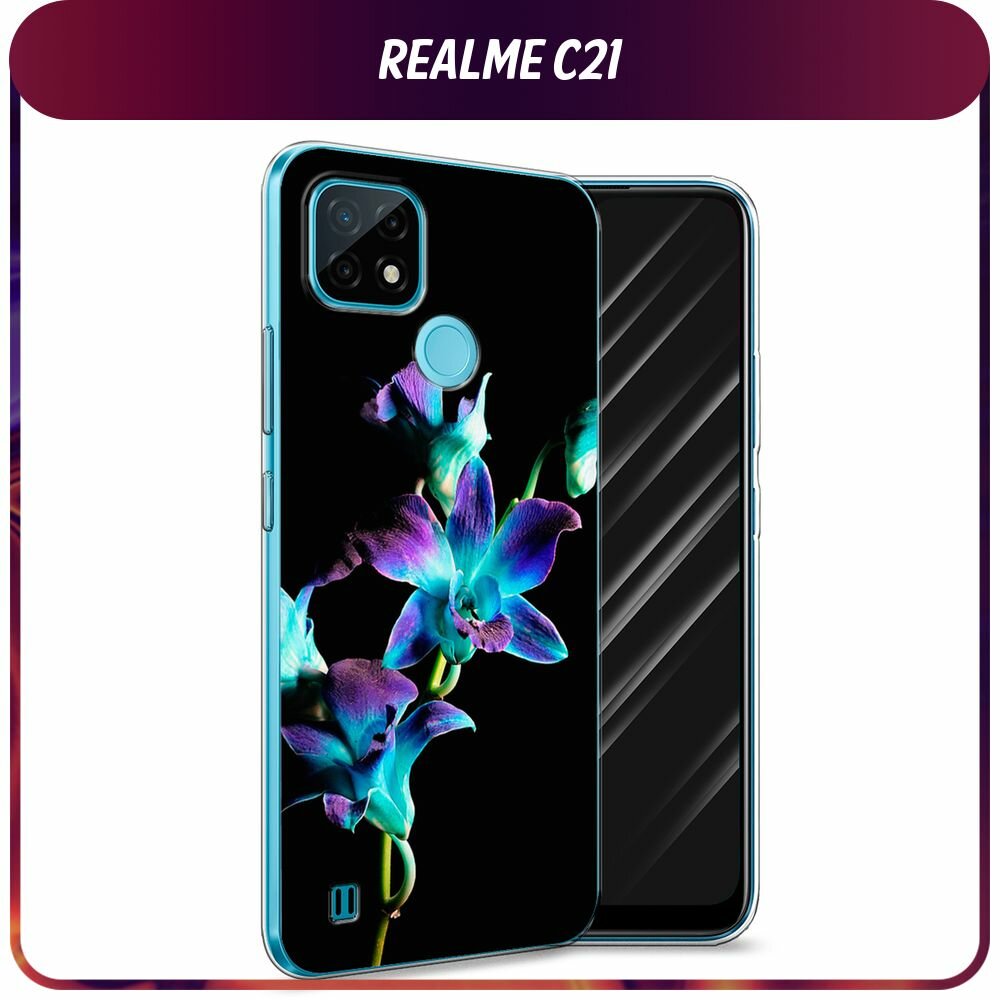 Чехол на Realme C21 / Реалми С21 с принтом "Синий цветок на черном"