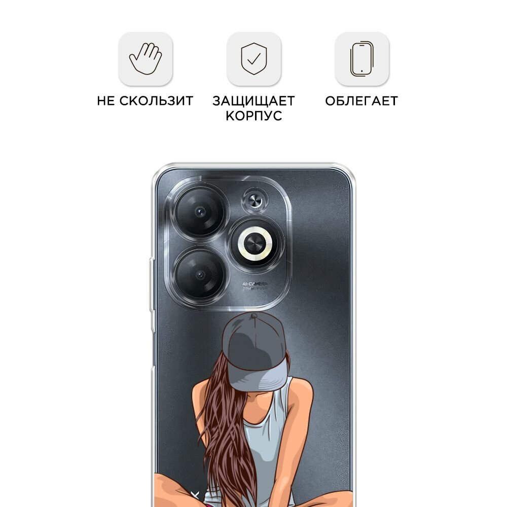 Чехол на Infinix Smart 8/8 HD/HOT 40i / Инфиникс Смарт 8/8 HD/HOT 40i с принтом "Девушка в кепочке", прозрачный — фото 1