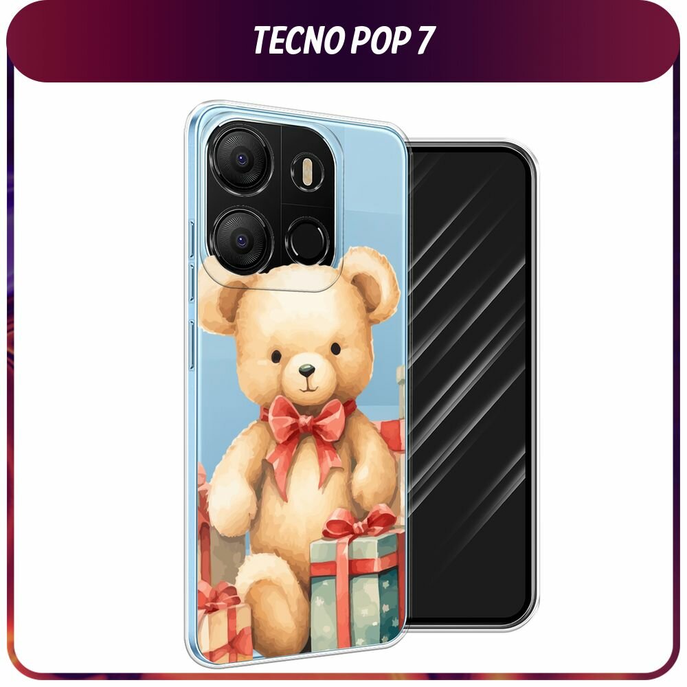 Чехол на Tecno Pop 7 / Текно Поп 7 с принтом Новогодний мишка, прозрачный