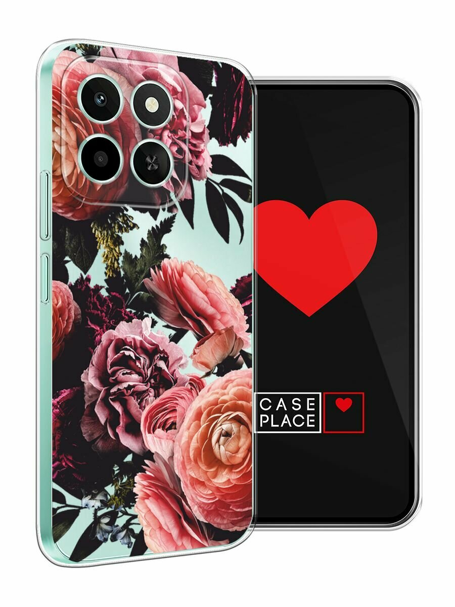 Чехол на Honor X6c / Хонор X6c с принтом "Бордовые винтажные цветы", прозрачный — фото 1