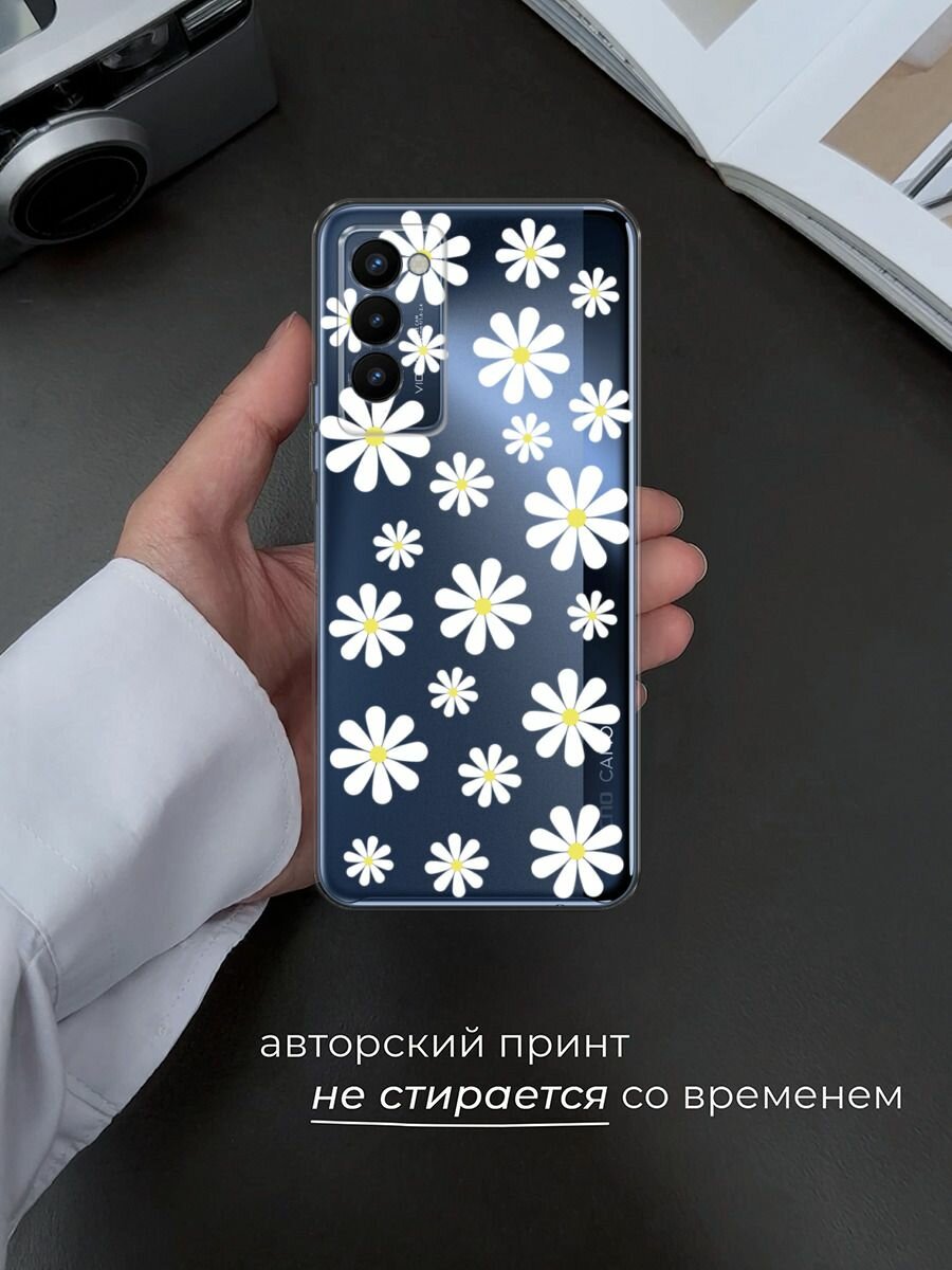 Чехол на Tecno Camon 18P / Техно Камон 18Р с принтом "Большие ромашки", прозрачный — фото 1