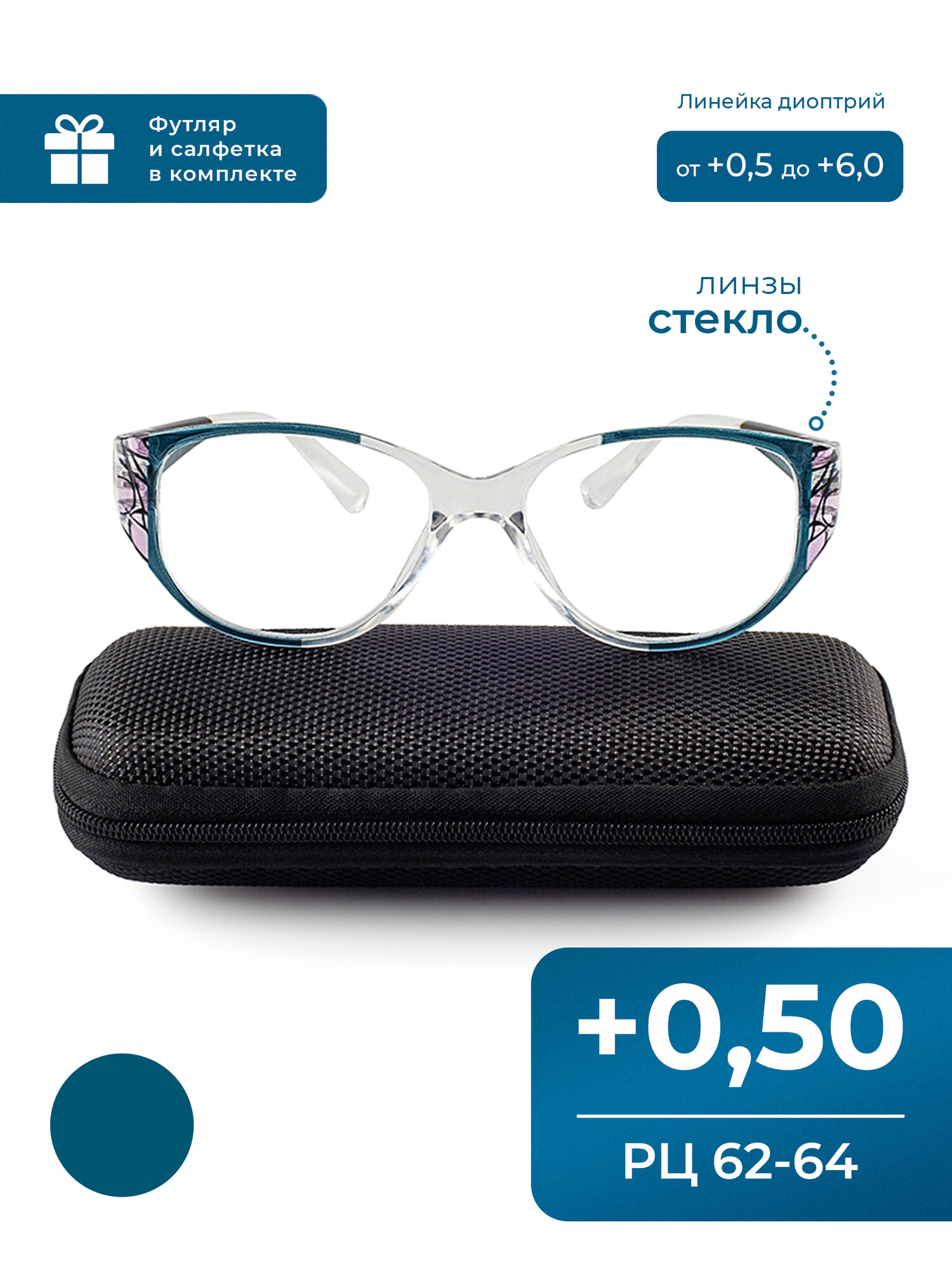Очки для чтения стекло женские (+0.50) FEDROV 2771 C3, линза стекло, с футляром, цвет прозрачно-бирюзовый, РЦ62-64