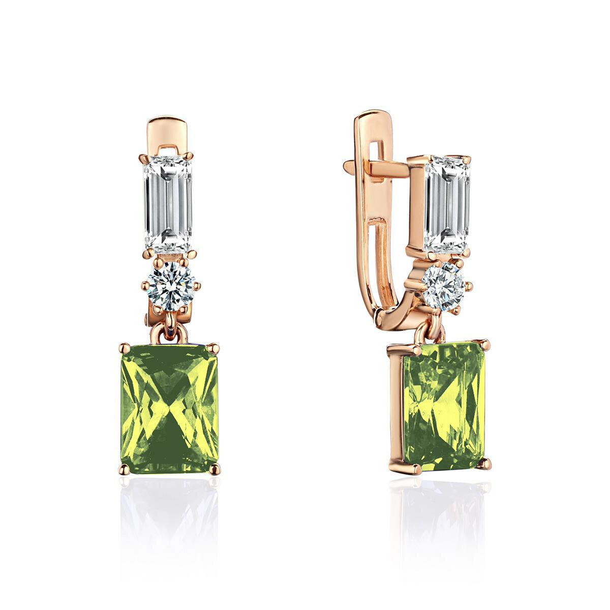 Серьги, красное золото, 585 проба, фианит, хризолит