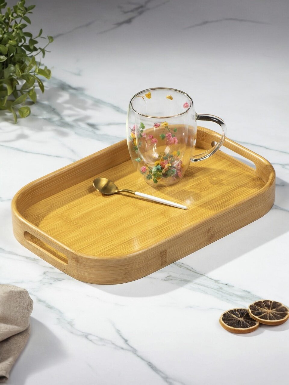 Поднос деревянный с ручками, прямоугольный, 33х22 см