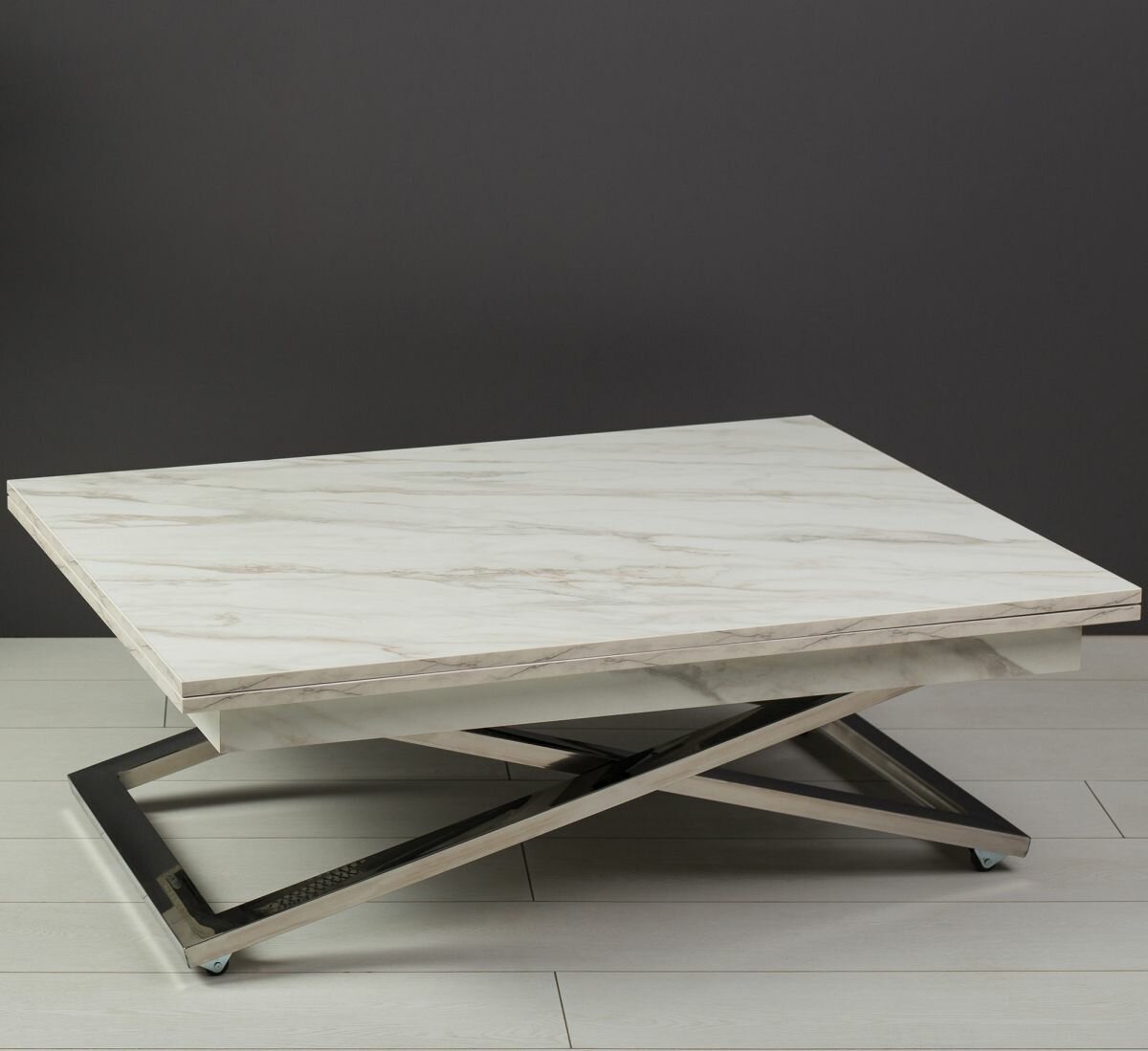 Стол трансформер Cross D95/S79 (белый мрамор/нерж. сталь)