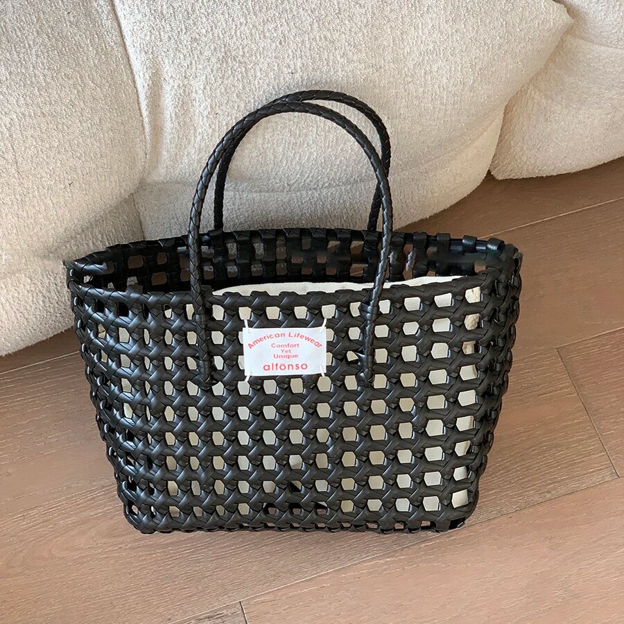 Летняя плетеная пляжная сумка Ins, плетеная корзина для хранения овощей, Корейская дорожная сумка для отпуска и пикника карамельных цветов, женская пляжная сумка, Black