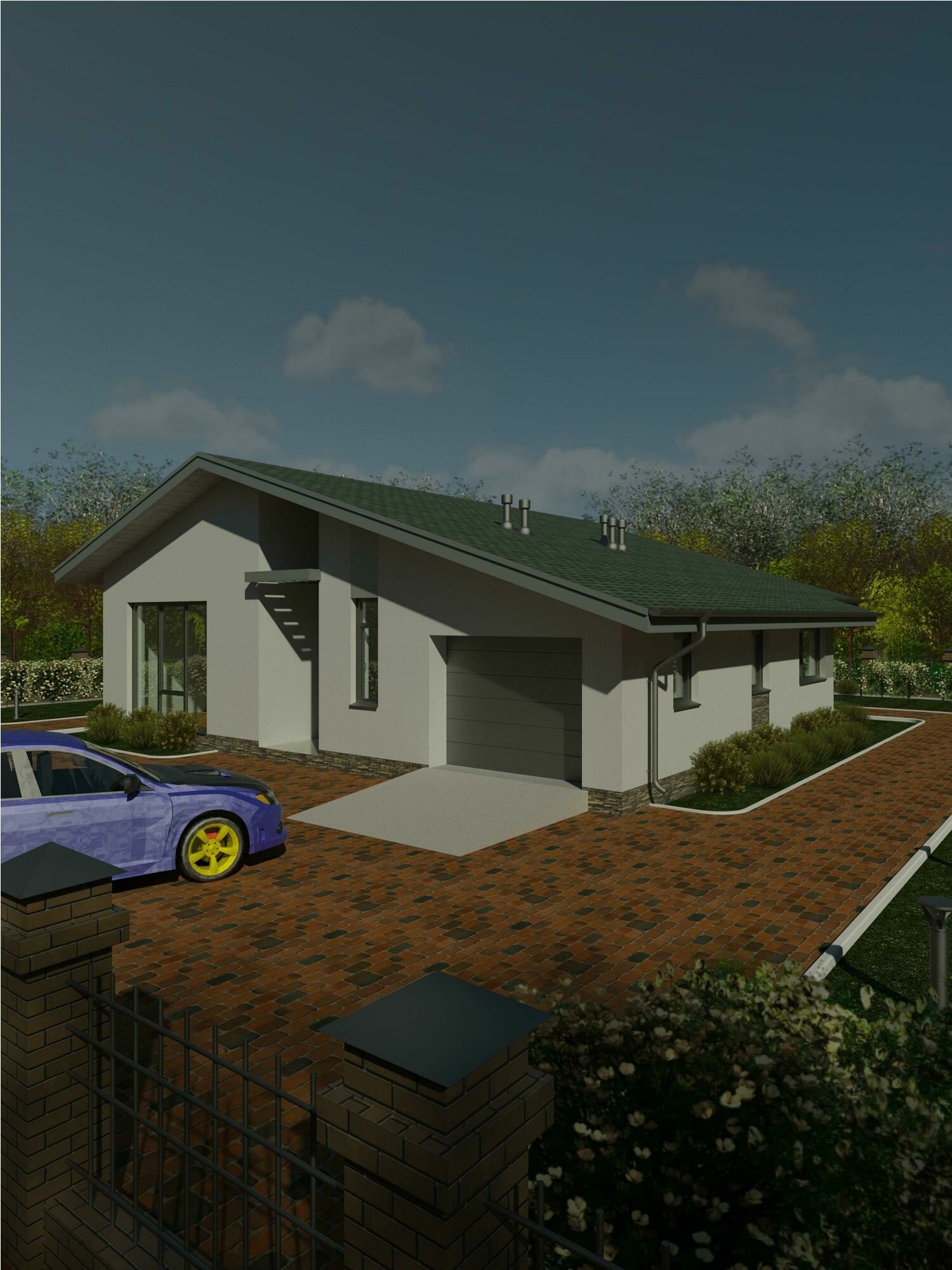 Проект одноэтажного дома с гаражом размером 14х14м (спальня 4, санузел 2, гараж)