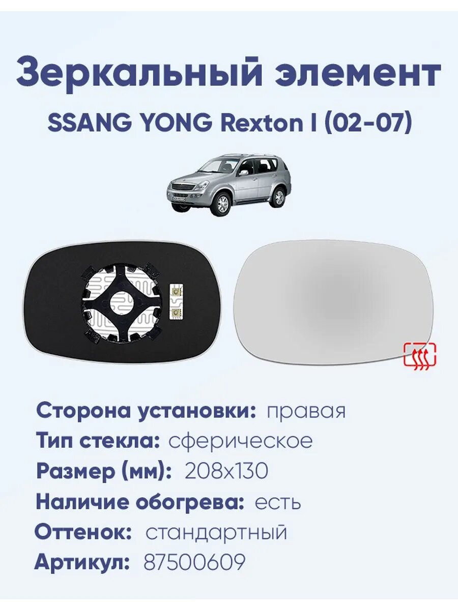 Зеркальный элемент правый SSANG YONG Rexton I (02-07) сфера нейтральный с обогревом
