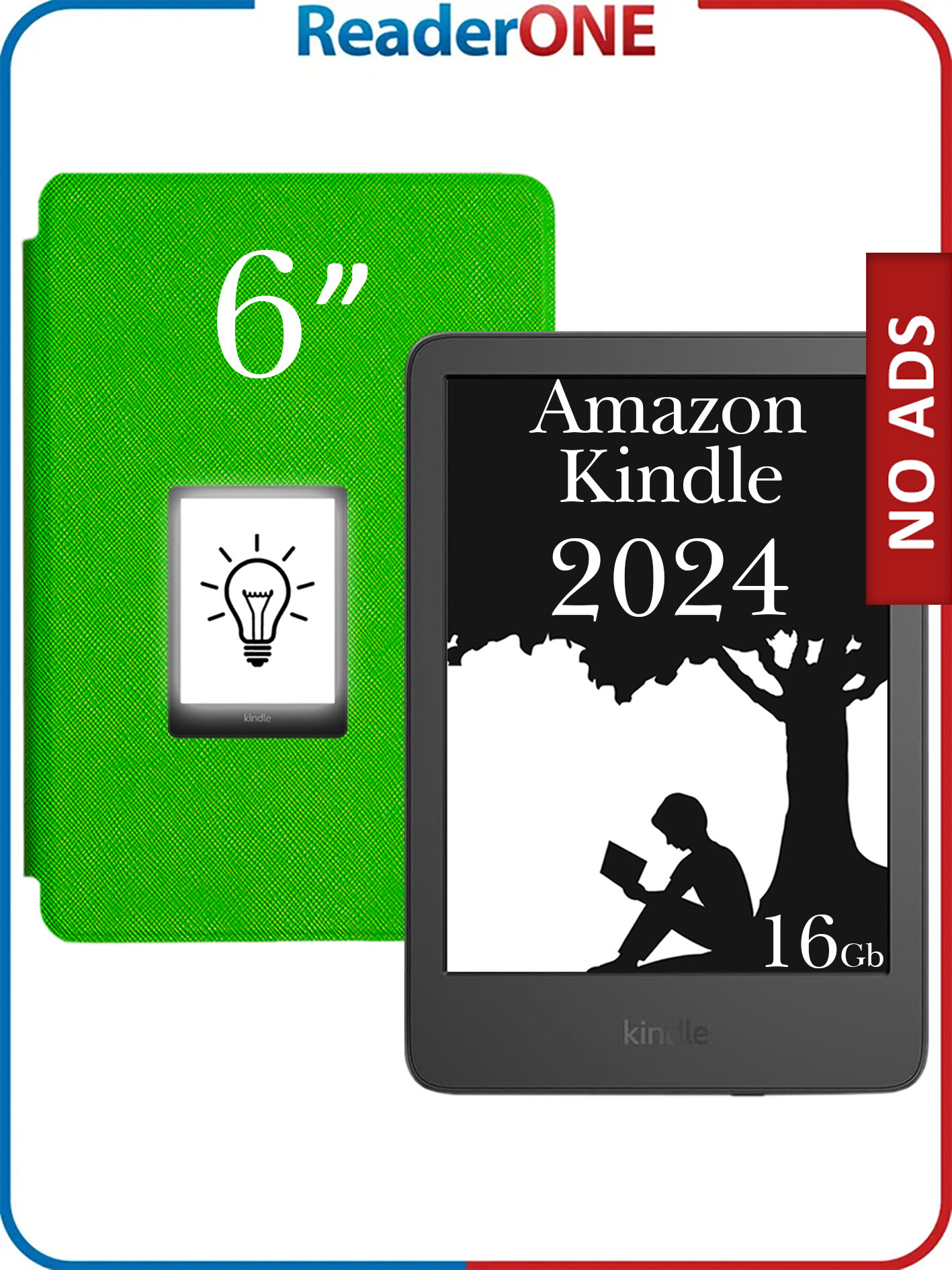 Электронная книга Amazon Kindle 11, 6 дюймов, 2024, 16 Гб, без рекламы, черная, с обложкой ReaderONE Green