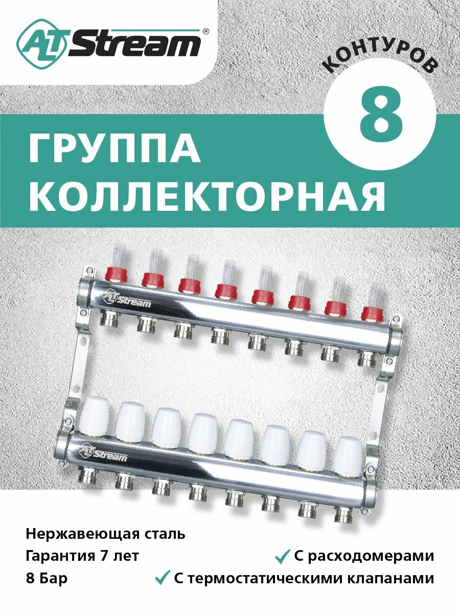 Коллекторная группа с расходомерами для теплого пола 1.1/4"х3/4" на 8 выходов